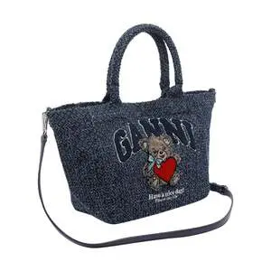 GANNI Tweed Denim Small Bear Tote