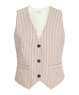 Brunello Cucinelli Techno-cotton Striped Seersucker Vest With Monili Embellishment - No
