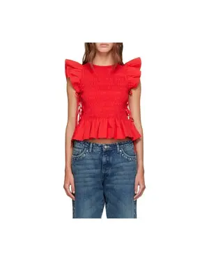 GANNI Smocked Peplum Top With Flared Sleeves And Tie Detail - Red