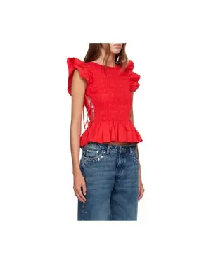 GANNI Smocked Peplum Top With Flared Sleeves And Tie Detail - Red