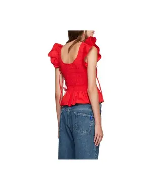 GANNI Smocked Peplum Top With Flared Sleeves And Tie Detail - Red