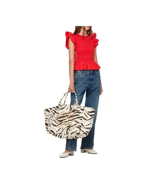 GANNI Smocked Peplum Top With Flared Sleeves And Tie Detail - Red