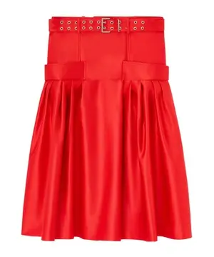 GANNI Duchesse Satin Belted Pleated Midi Skirt - Goji Red