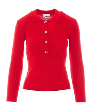 GANNI Ribbed Knit Collared Sweater With Button Detail - Red