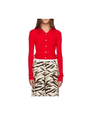 GANNI Ribbed V-neck Cardigan - Red