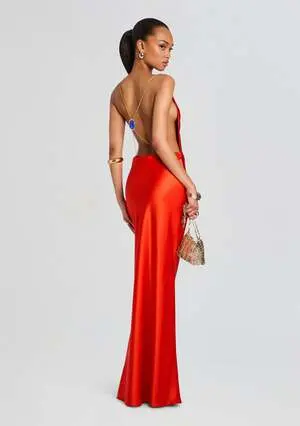 Retrofete Arianell Satin Maxi Gown With Gemstone Detail - Geranium