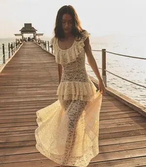 DÔEN Costine Lace Maxi Gown With Ruffled Scoop Neck - Vanilla