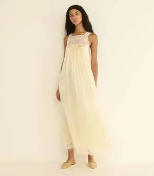 DÔEN Luciane Silk Satin Maxi Dress With Lace Yoke And Trim - Vanilla