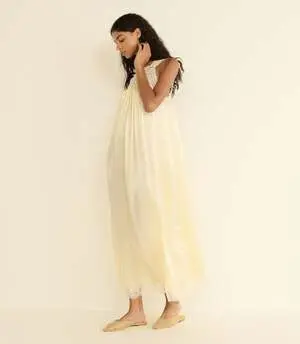 DÔEN Luciane Silk Satin Maxi Dress With Lace Yoke And Trim - Vanilla