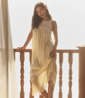 DÔEN Luciane Silk Satin Maxi Dress With Lace Yoke And Trim - Vanilla