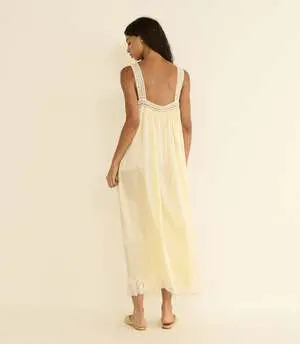 DÔEN Luciane Silk Satin Maxi Dress With Lace Yoke And Trim - Vanilla