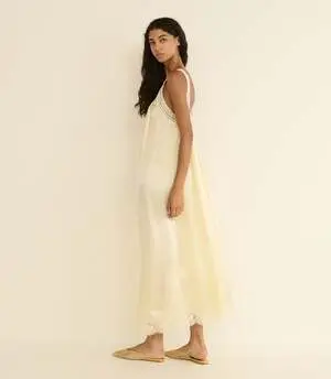 DÔEN Luciane Silk Satin Maxi Dress With Lace Yoke And Trim - Vanilla
