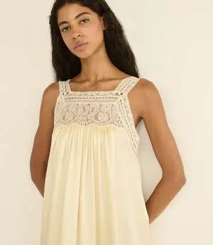 DÔEN Luciane Silk Satin Maxi Dress With Lace Yoke And Trim - Vanilla