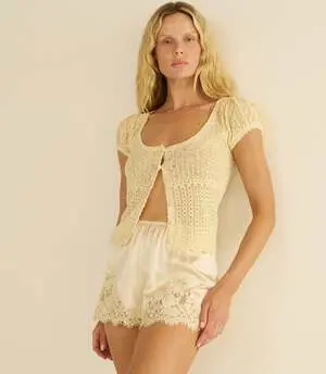 DÔEN Priscilla Cardigan With Pointelle Stitching And Puff Sleeves - Vanilla