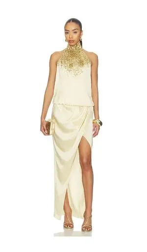 Balmain Halterneck Sand Pearl Embroidered Dress - Beige