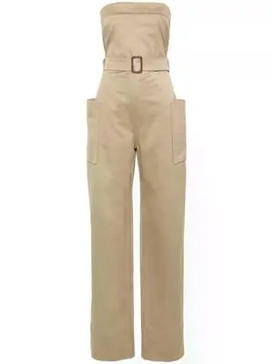 Saint Laurent Strapless Belted Cotton Jumpsuit - Neutrals