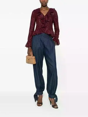 SELF-PORTRAIT Burgundy Floral Lace Ruffled V-neck Top - Red