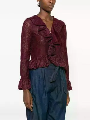 SELF-PORTRAIT Burgundy Floral Lace Ruffled V-neck Top - Red