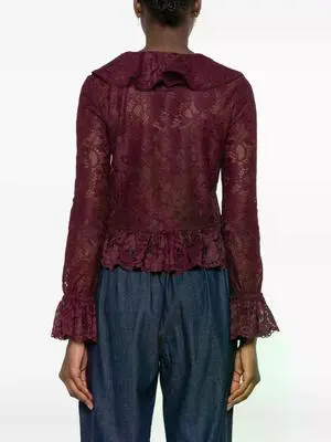 SELF-PORTRAIT Burgundy Floral Lace Ruffled V-neck Top - Red