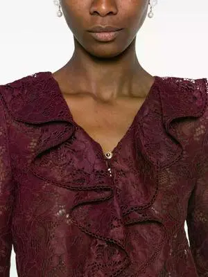 SELF-PORTRAIT Burgundy Floral Lace Ruffled V-neck Top - Red