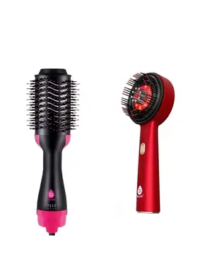 PURSONIC Ultimate Hair Rejuvenation & Styling Bundle – 3-in-1 Led Scalp Therapy Brush + One Step Volumizing Hair Dryer - Black