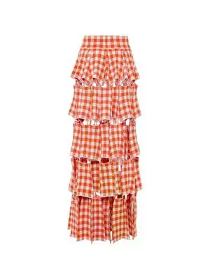 A.W.A.K.E. Mode Gingham Print Knitted Cut-out Maxi Skirt - Red