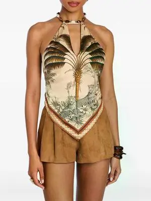 Retrofete Zaphira Palm-print Halterneck Blouse