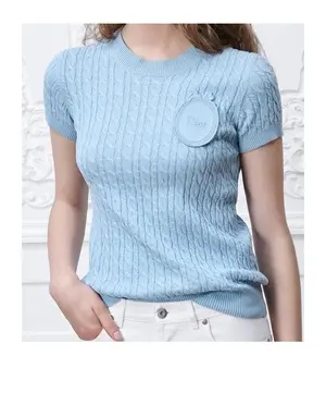 Dior Short-sleeved Cable Knit Sweater With Medallion Logo - Blue