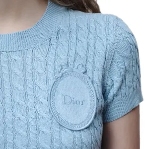 Dior Short-sleeved Cable Knit Sweater With Medallion Logo - Blue