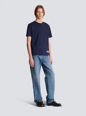 Balmain Blue Crewneck T-shirt With Logo Lettering Print On The Front In Cotton