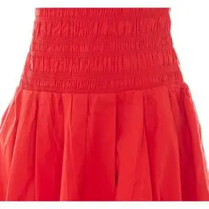 GANNI Smocked Cotton Dress With Puff Sleeves - Red
