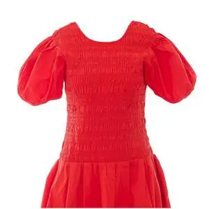 GANNI Smocked Cotton Dress With Puff Sleeves - Red