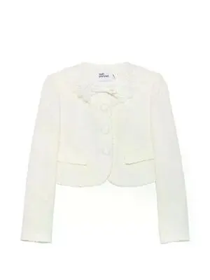 SELF-PORTRAIT Lace-trimmed Bouclé Cropped Jacket - Neutrals