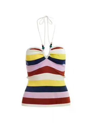 Essentiel Antwerp Multicolor Striped Beaded Halterneck Top - White