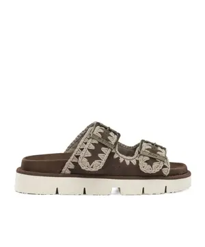 Mou Round-toe Flat Sandals - Brown