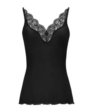 Saint Laurent Ribbed Lace Trim V-neck Tank Top - Black