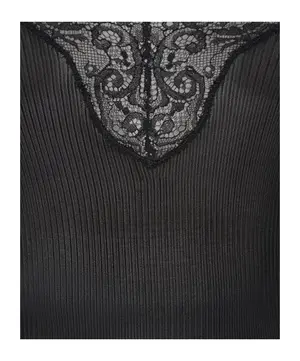 Saint Laurent Ribbed Lace Trim V-neck Tank Top - Black