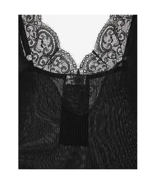Saint Laurent Ribbed Lace Trim V-neck Tank Top - Black