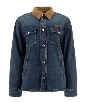 Miu Miu Denim Down Jacket With Logo Detail - Blue