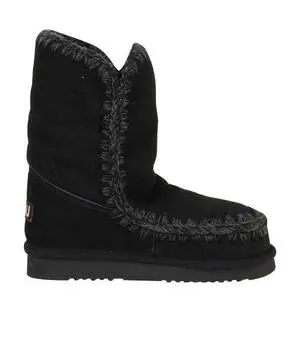 Mou Crochet Stitch-trim Round-toe Boots - Black