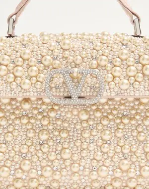 Valentino Garavani Mini Vsling Handbag With Pearls And Rhinestones - Nude