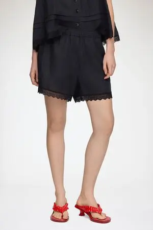 GANNI Linen Shorts With Lace Trim