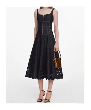 SELF-PORTRAIT Zip-front Denim Midi Dress With Cut-out Details