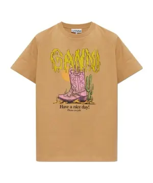 GANNI Ganni Graphic Print Cotton T-Shirt Beige