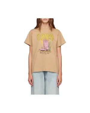 GANNI Graphic Print Cotton T-shirt - Beige