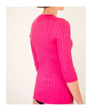 Lela Rose Ribbed V-neck Pullover With 3/4th Sleeves