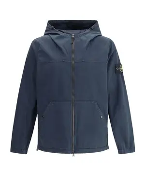 Stone Island Logo Patch Zip-up Hooded Jacket - Blue
