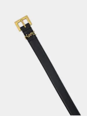 Saint Laurent Cassandre Thin Belt With Square Buckle In Smooth Leather - Black