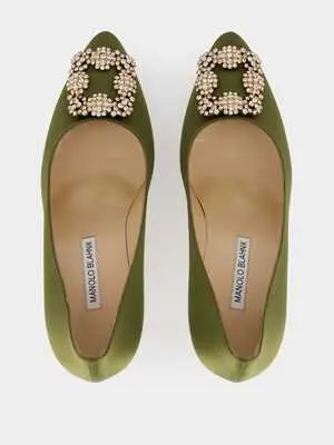 Manolo Blahnik Olive Satin Jewel Pumps - Green
