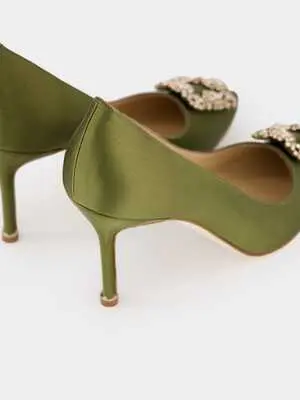 Manolo Blahnik Olive Satin Jewel Pumps - Green